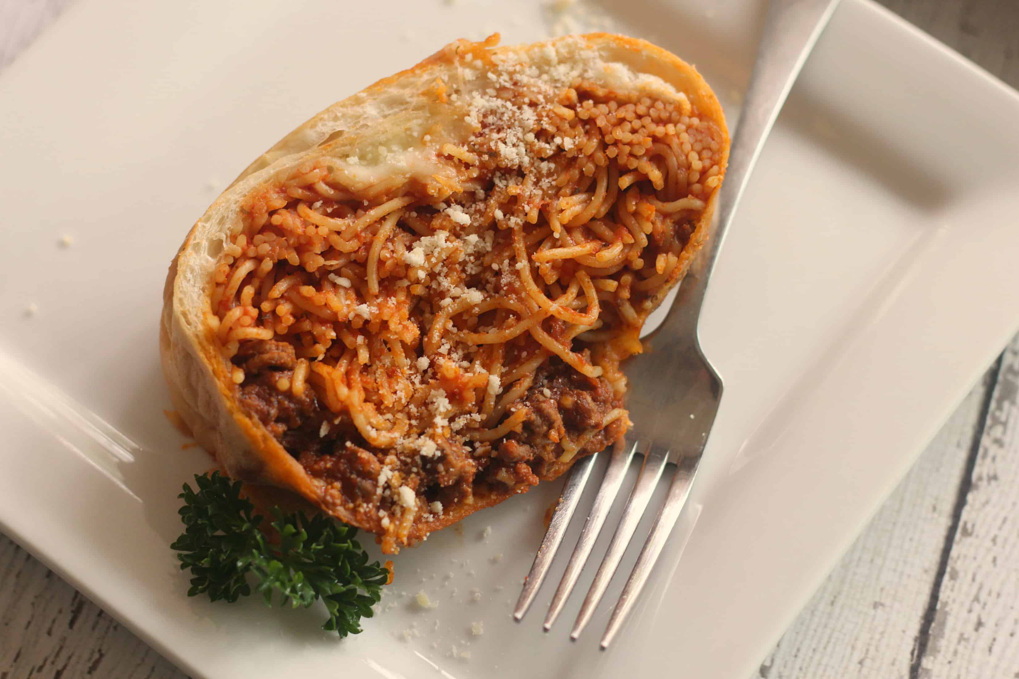 Spaghetti Stuffed Garlic Bread - Mom Needs Chocolate
